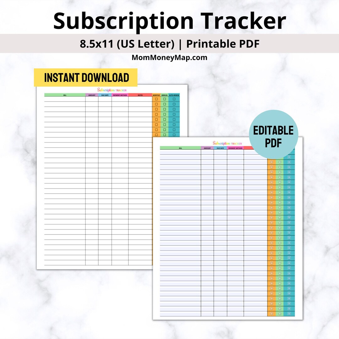 Multi-color Subscription Tracker Printable PDF, Track Your Monthly ...