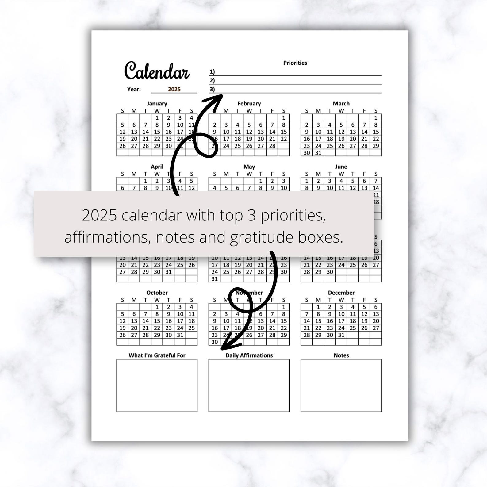 2025 Calendar Printable PDF, Year at A Glance PDF, 2025 Priorities and ...