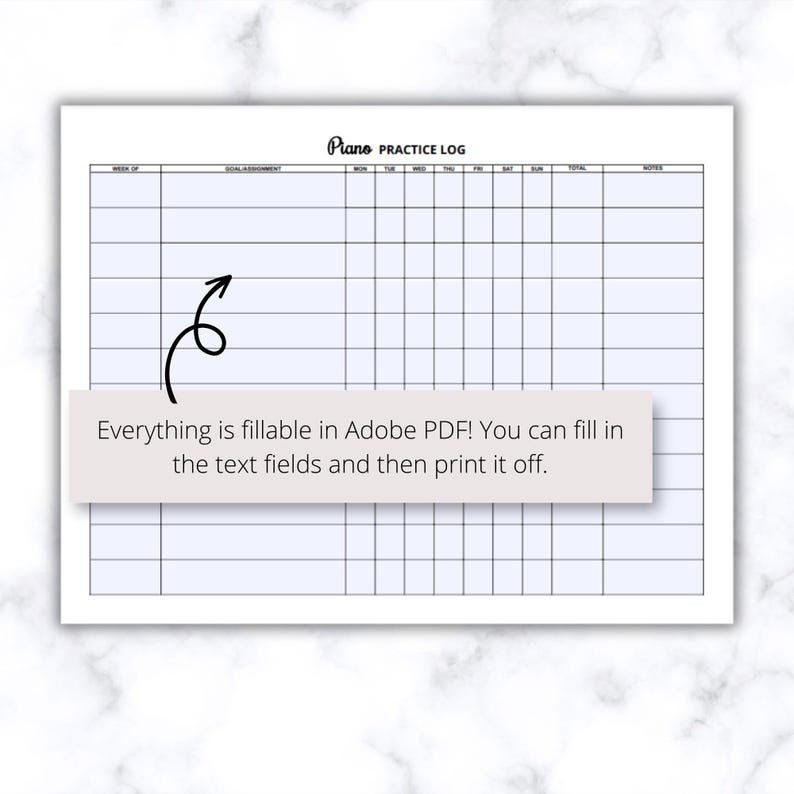Piano Practice Log Printable PDF, Piano Lessons Log Sheet, Piano Practice Log Template, Editable ...