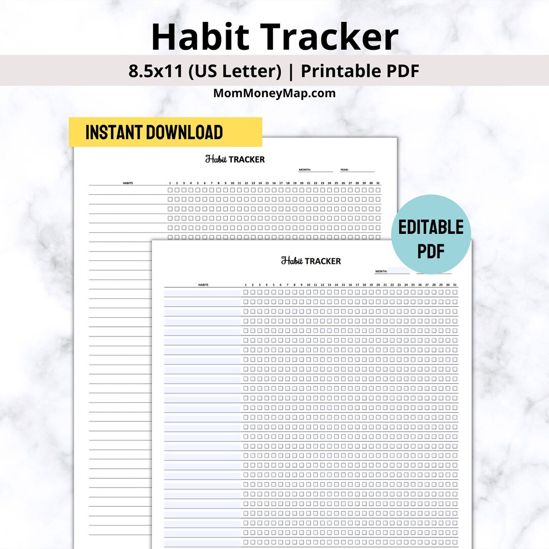 Habit Tracker Printable PDF, Editable Habit List, Habit Trainer, 30 Day ...