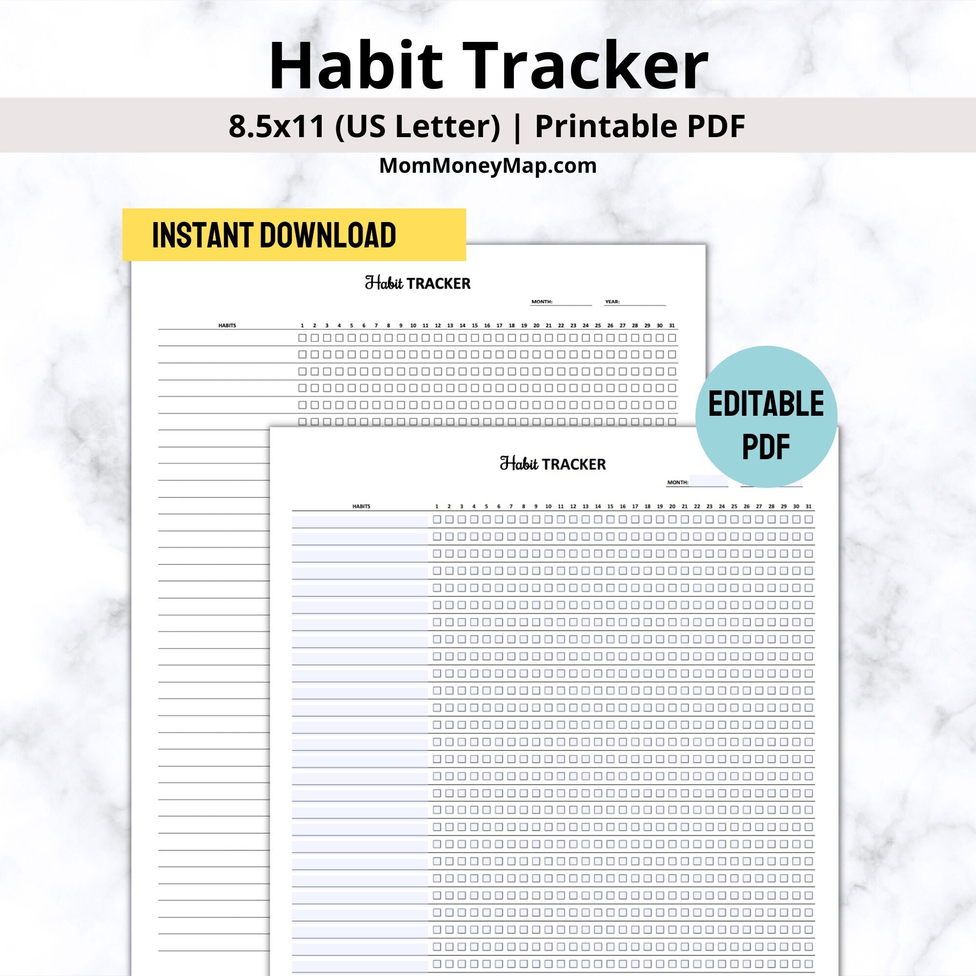 Habit Tracker Printable PDF, Editable Habit List, Habit Trainer, 30 Day ...