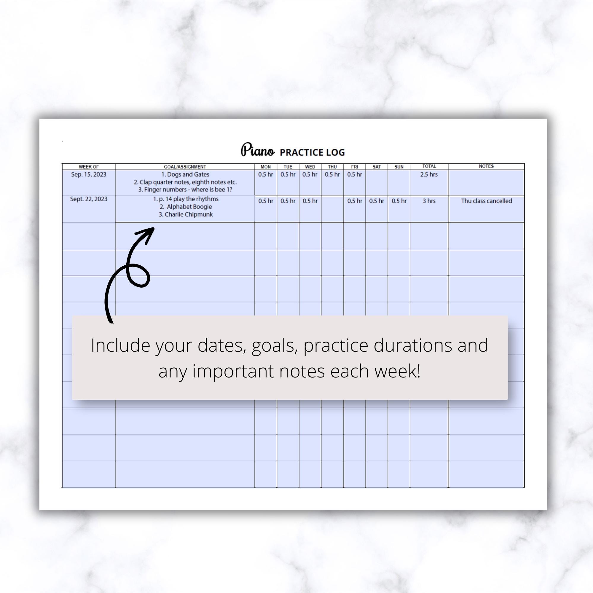 Piano Practice Log Printable PDF, Piano Lesson and Practice Tracker and ...