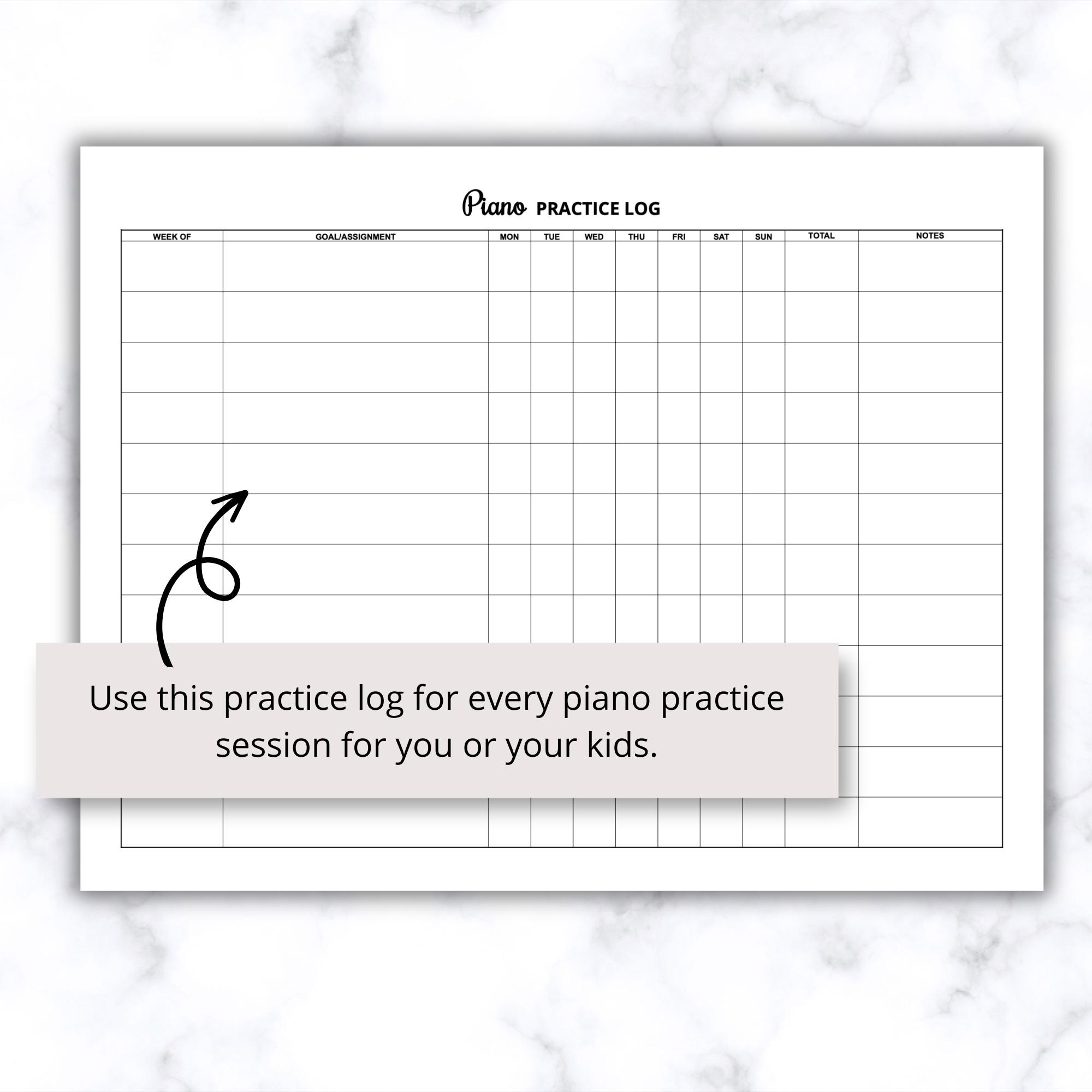 Piano Practice Log Printable PDF, Piano Lesson and Practice Tracker and Schedule Log Template ...