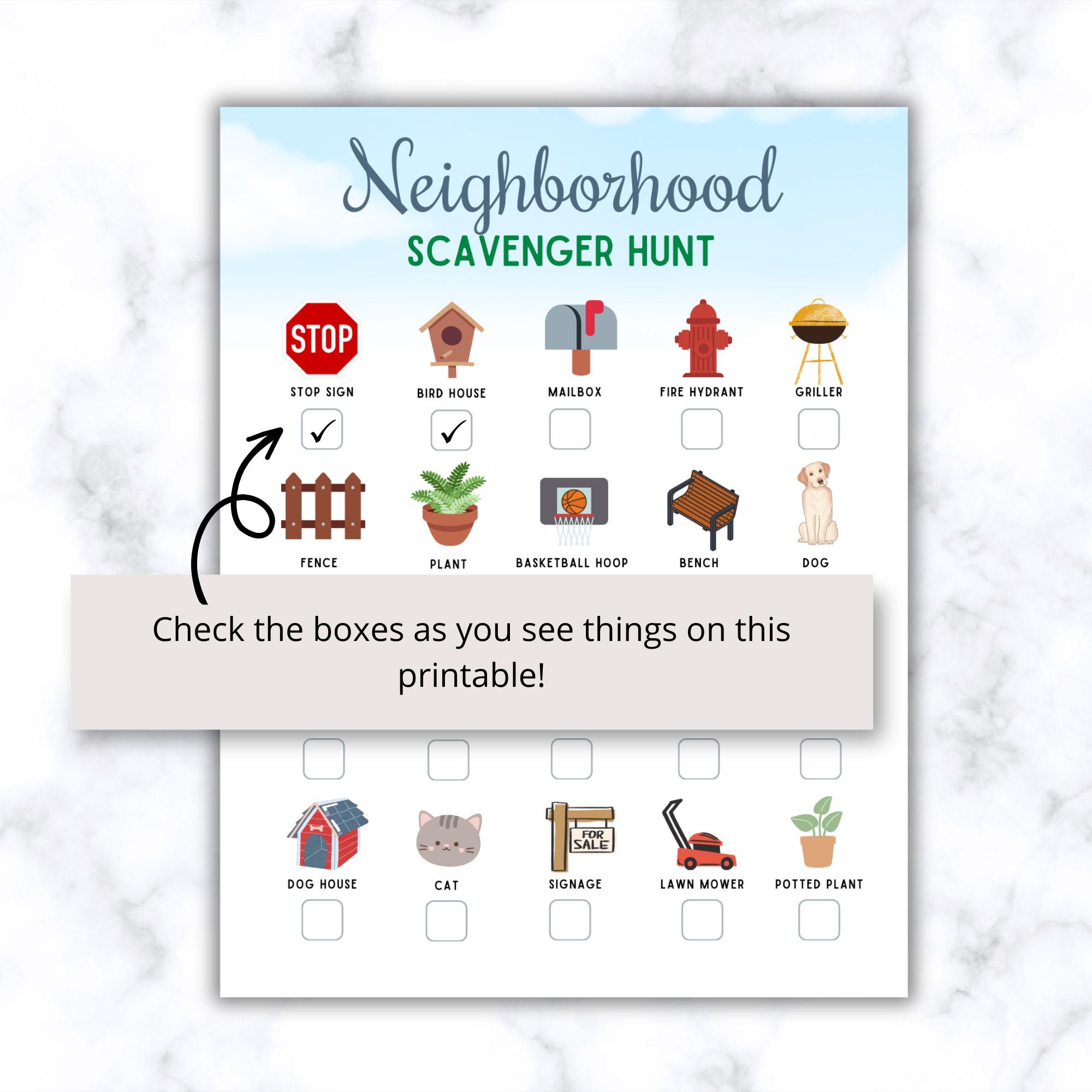 Neighborhood Scavenger Hunt Printable: Family Outdoor Activity (PDF ...