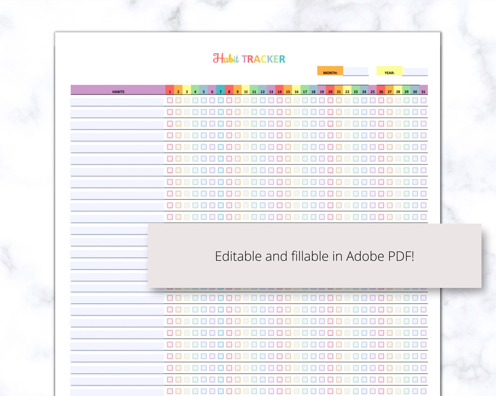 Multi-color Habit Tracker Printable PDF, Editable Habit List, Habit ...
