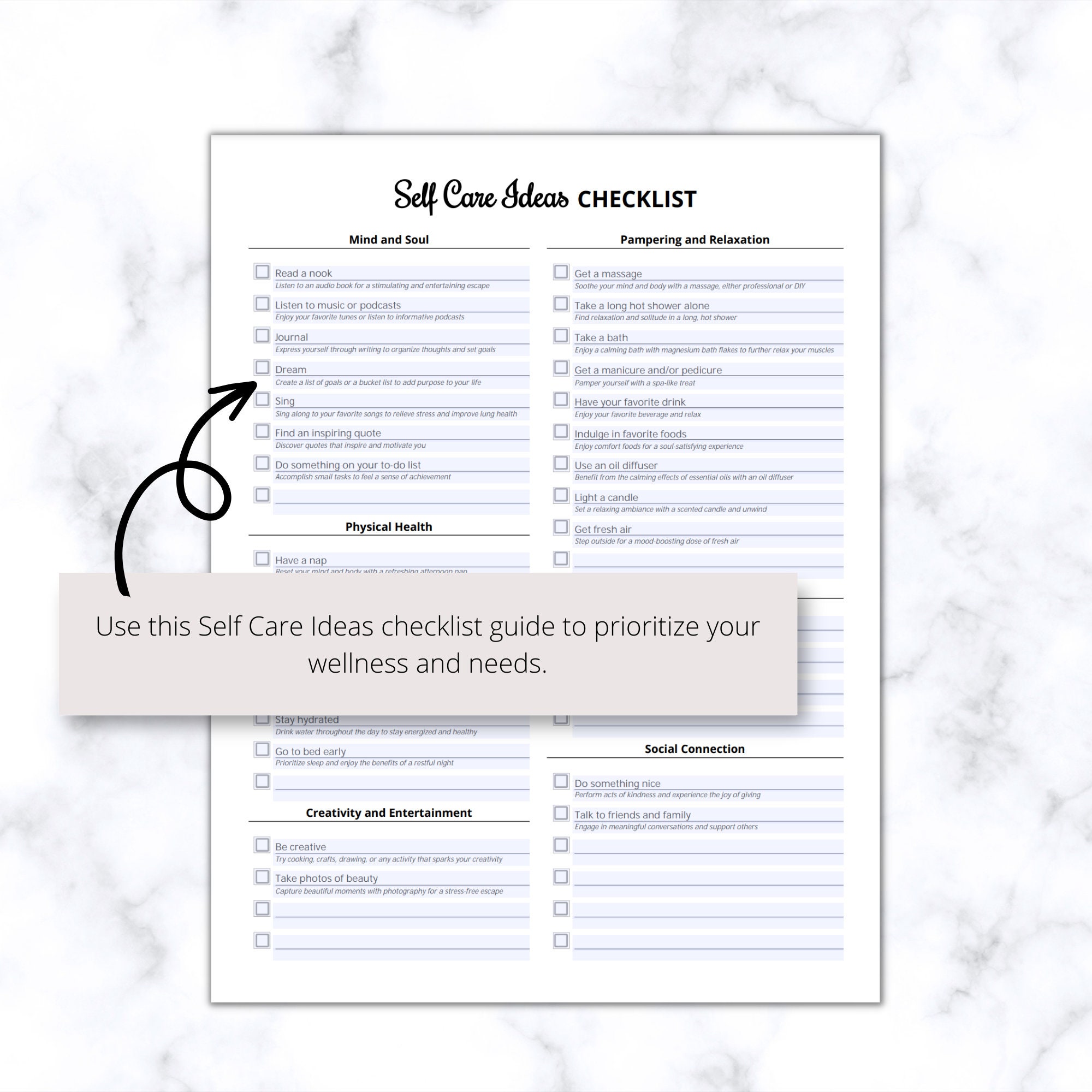 Self Care Ideas Checklist Printable PDF Self Care and Mental - Etsy