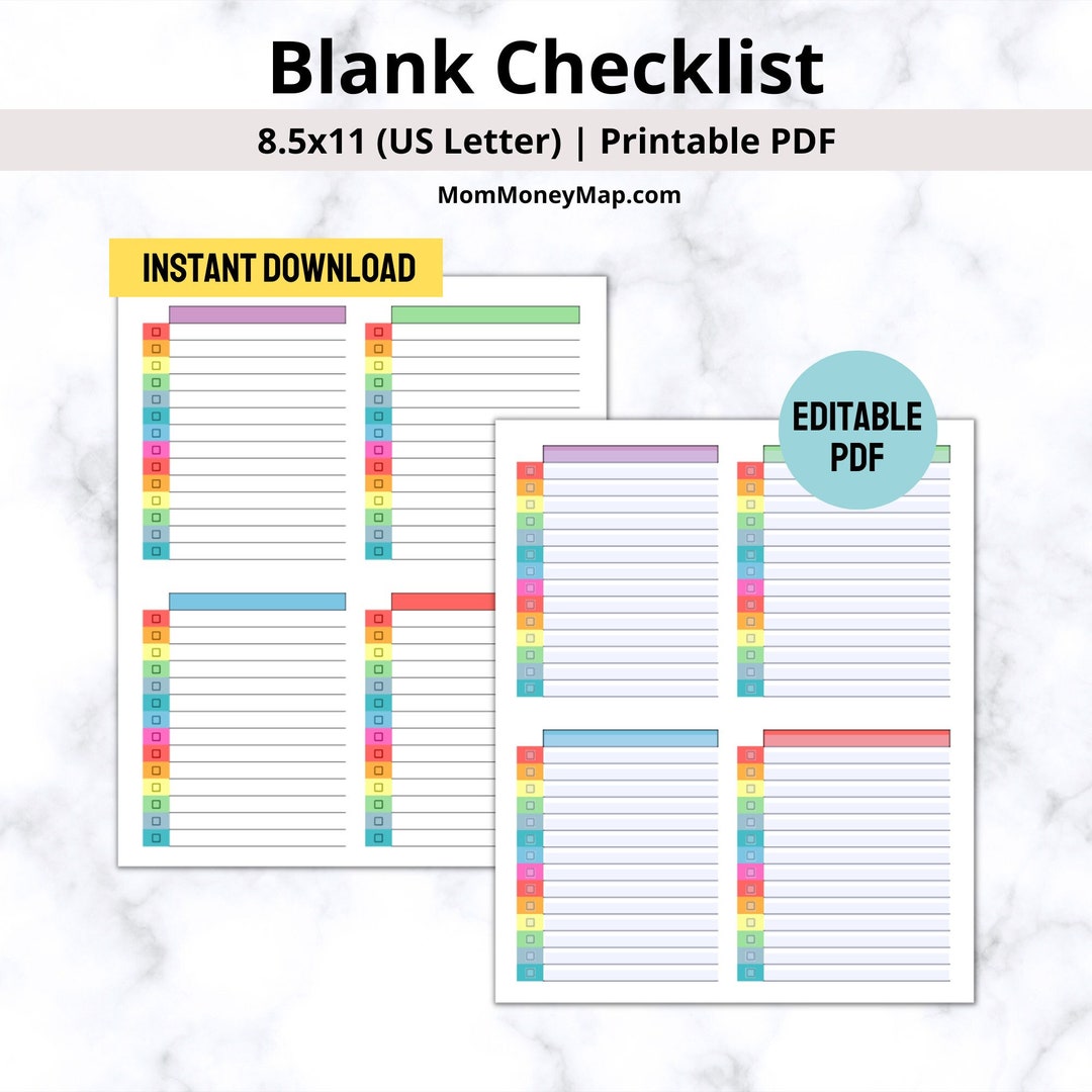 Multi-color Blank Checklist Printable PDF, Blank to Do List, Minimalist ...