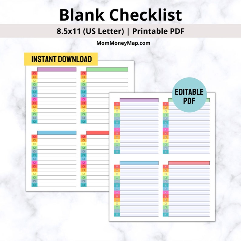 Multi-color Blank Checklist Printable PDF, Blank to Do List, Minimalist to Do List, Basic ...