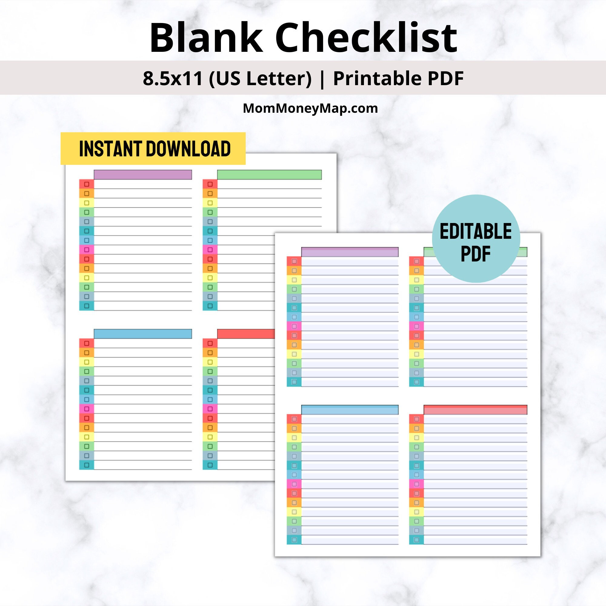 Multi-color Blank Checklist Printable PDF, Blank to Do List, Minimalist ...