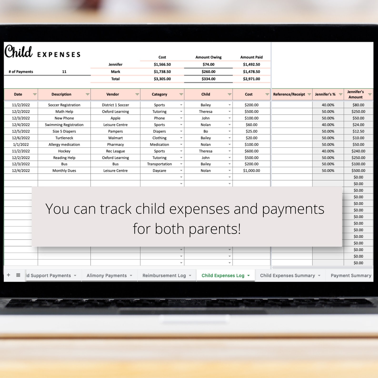Child Custody Planner Excel Spreadsheet for Divorce Planning, Child ...