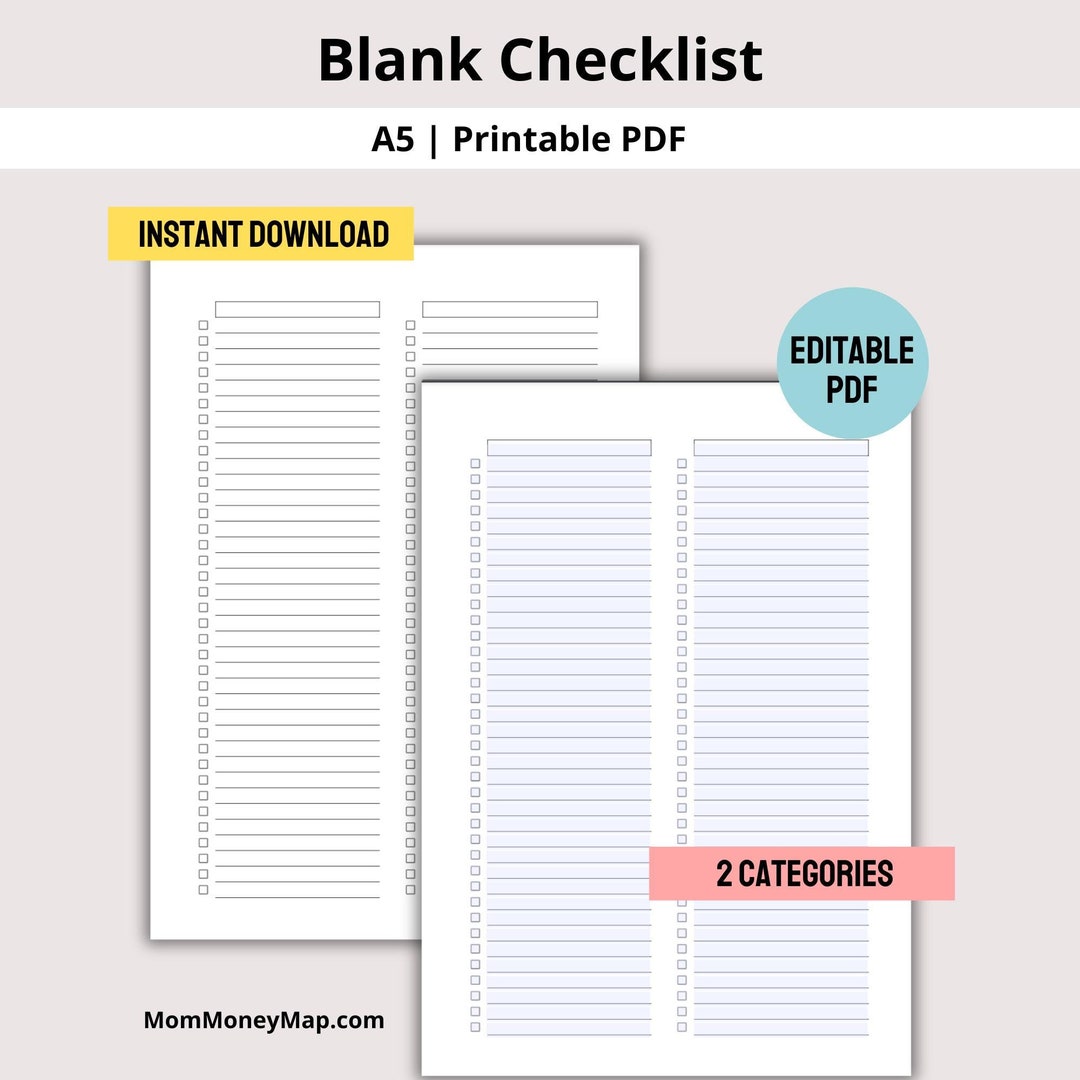 Blank Checklist Printable PDF A5, Blank to Do List PDF A5, Minimalist ...