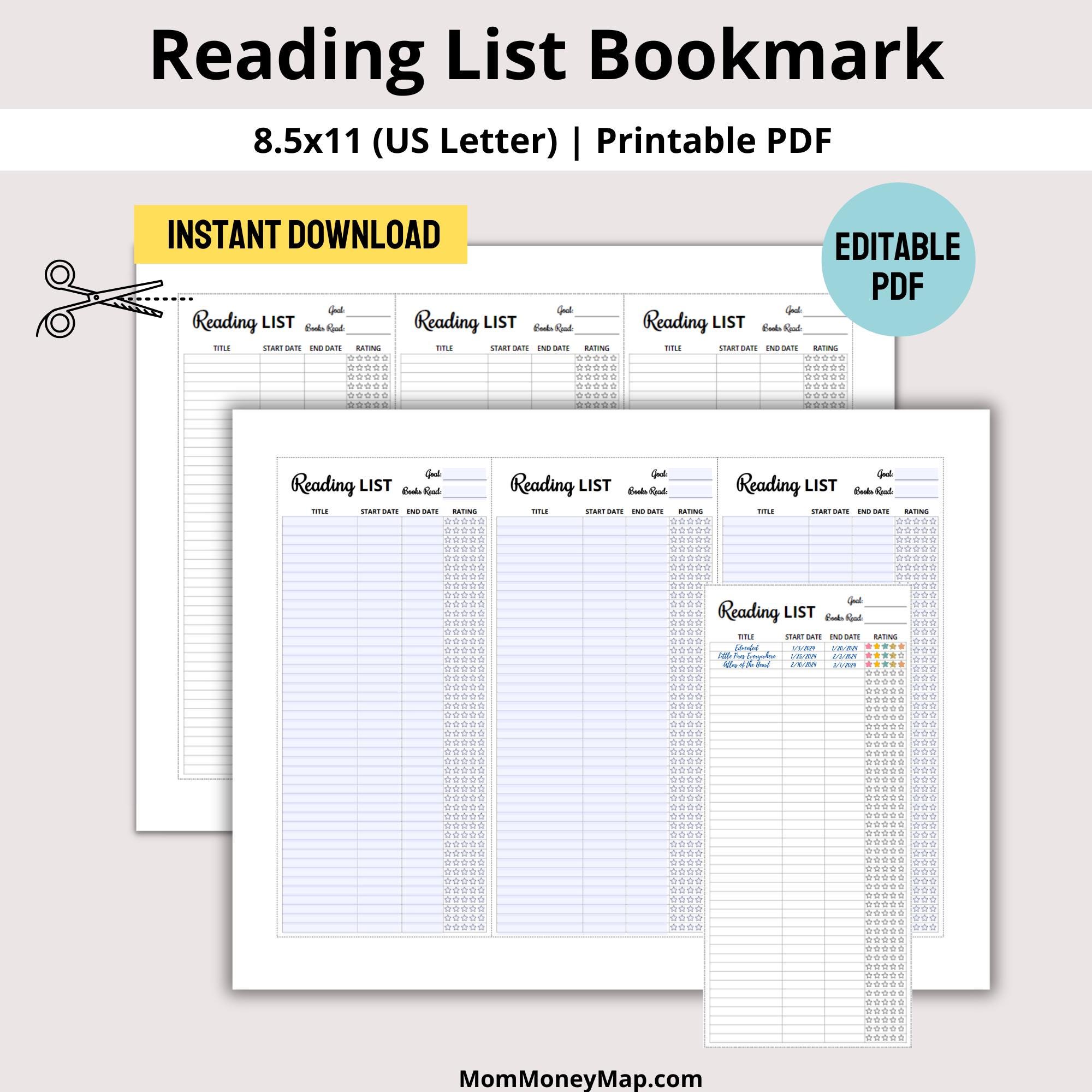 Reading List Bookmark Printable PDF, Reading Goals Bookmark, Bookmark ...