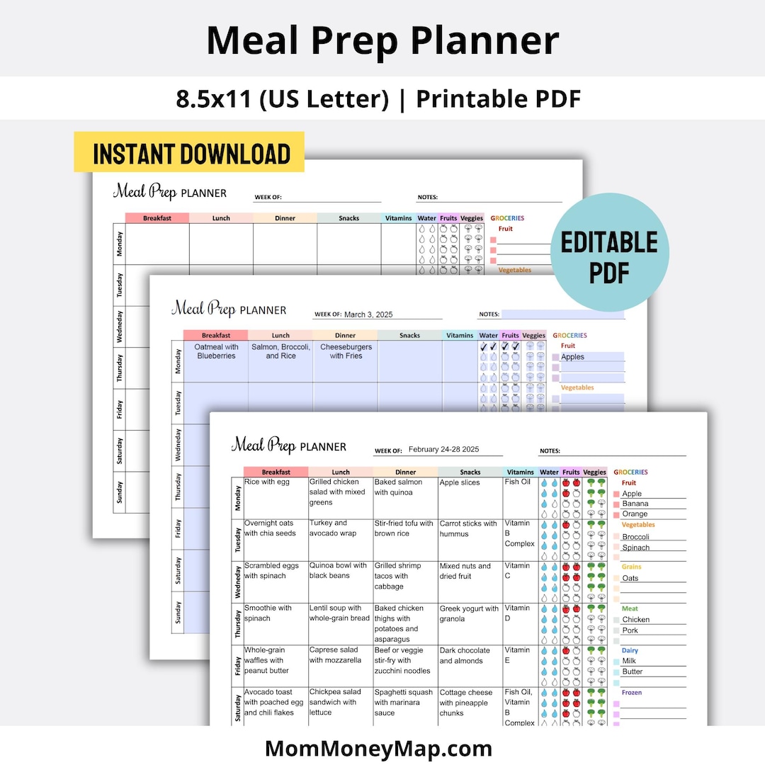 Multi-colored Meal Prep Planner Printable PDF, Weekly Meal Planner ...