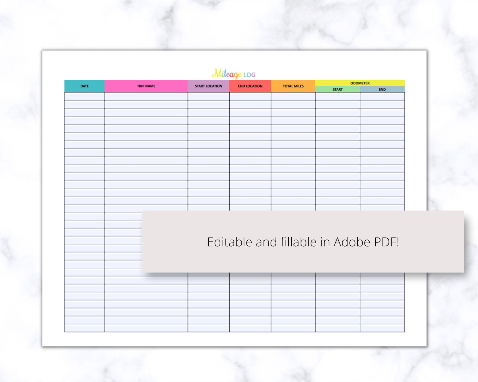 Multi-color Mileage Log Printable PDF, Odometer Tracker, Trip Log ...