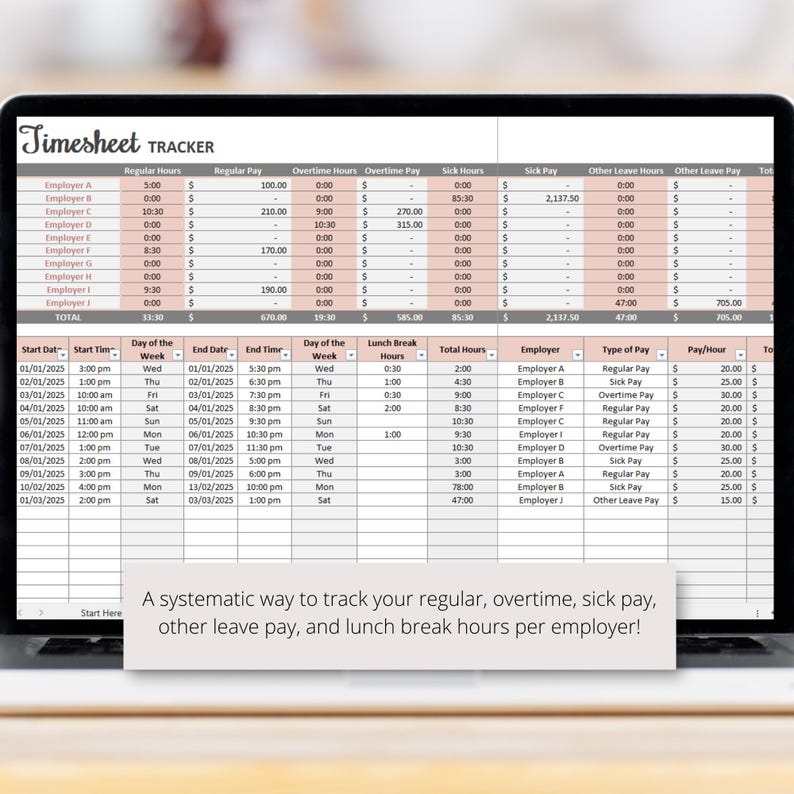 Timesheet Tracker Excel Spreadsheet With Monthly and Annual Summaries, Work Hours Tracker Excel ...
