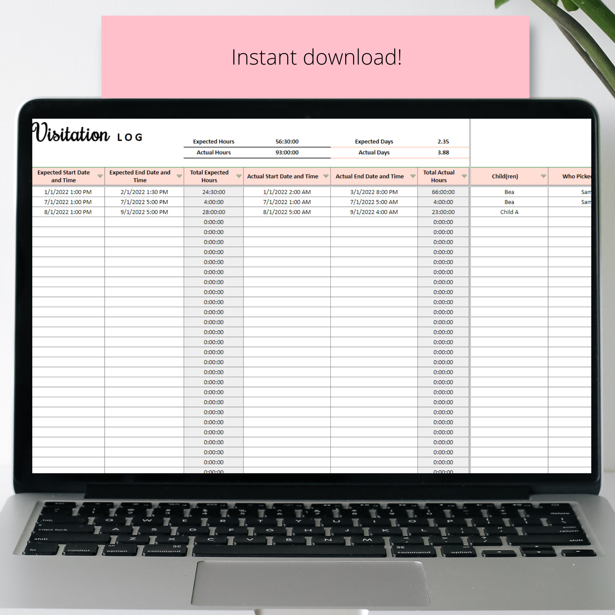 Child Custody Visitation Log Excel Spreadsheet, Parental Visits, Child ...