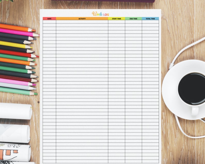 Multi-color Work Log Printable PDF Portrait, Task Time Tracker, Time ...
