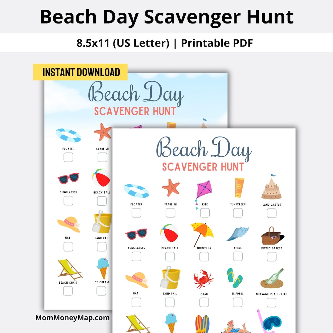 Beach Day Scavenger Hunt Printable: Family Outdoor Activity (PDF ...