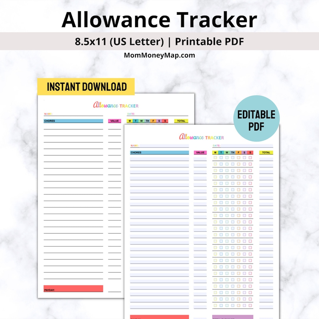 Multi-color Daily Allowance Tracker Printable PDF, Allowance Tracker ...
