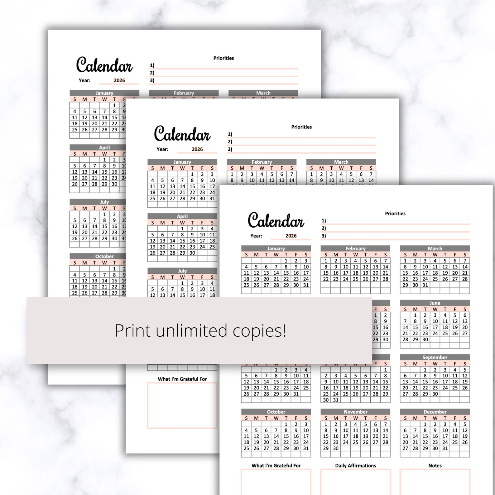 2026 Calendar Printable PDF in Color, Year at A Glance PDF, 2026 ...