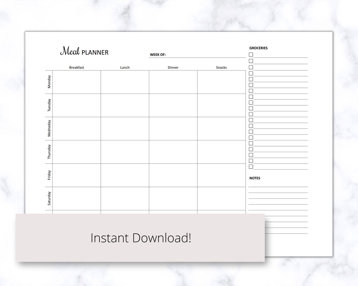 Meal Planner Printable PDF Weekly Meal Planner Menu Planner - Etsy