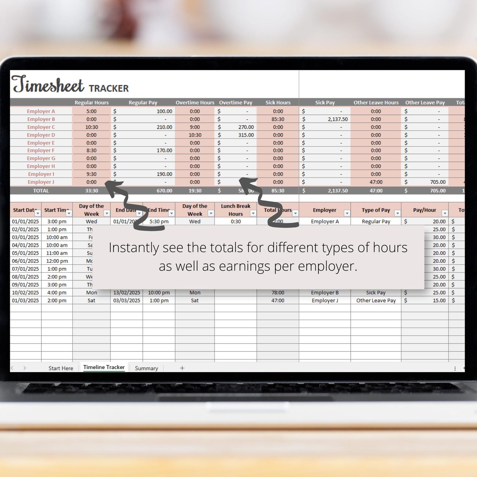Timesheet Tracker Excel Spreadsheet With Monthly and Annual Summaries ...