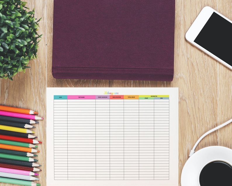 Multi-color Mileage Log Printable PDF, Odometer Tracker, Trip Log ...