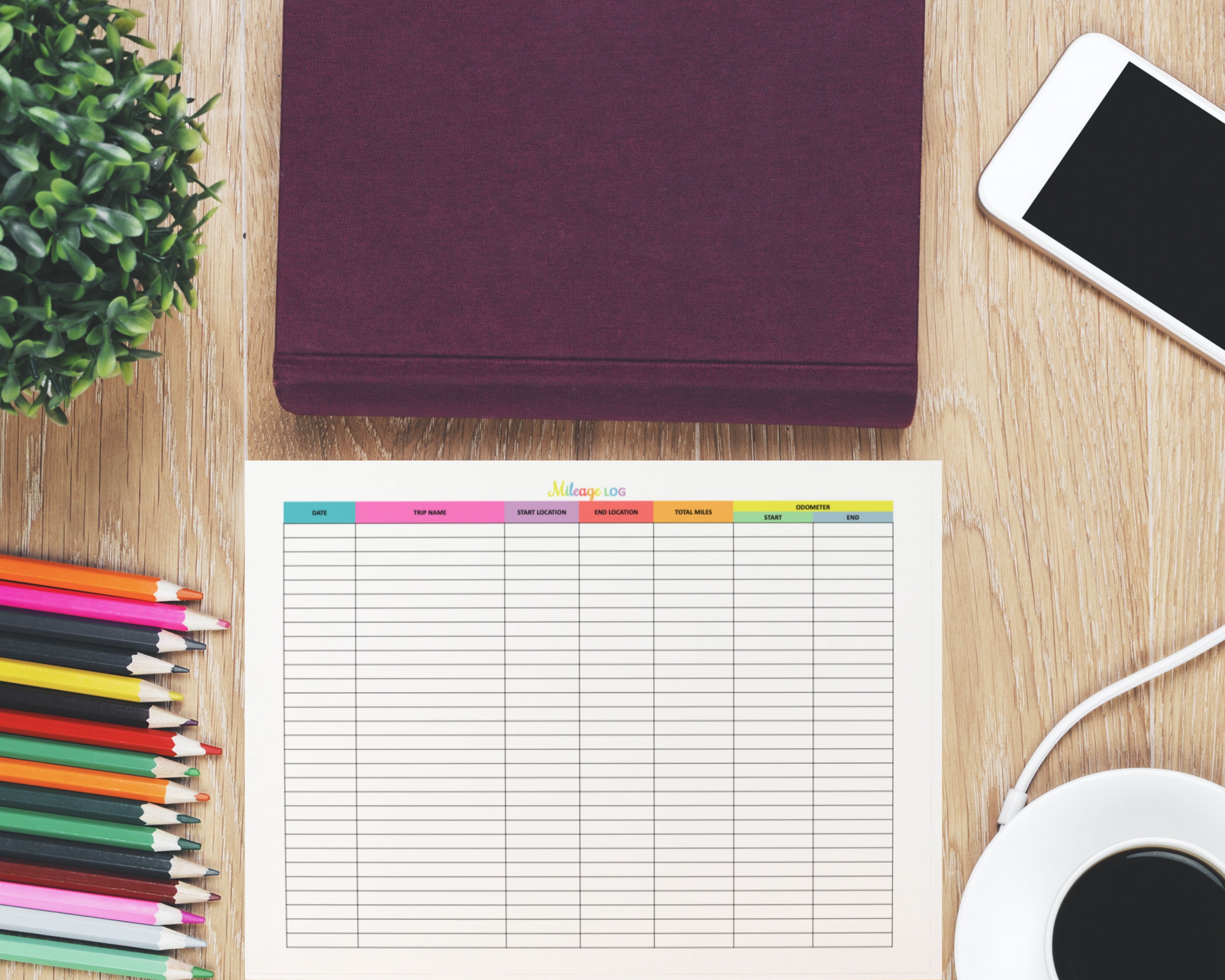 Multi-color Mileage Log Printable PDF, Odometer Tracker, Trip Log ...