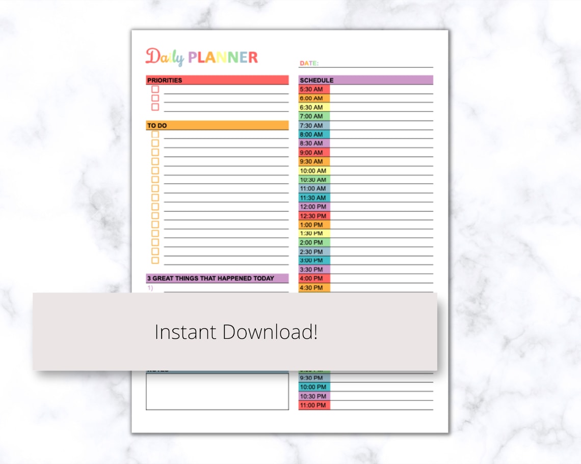 Multi-color Daily Planner Printable PDF, Daily Organizer, Productivity ...
