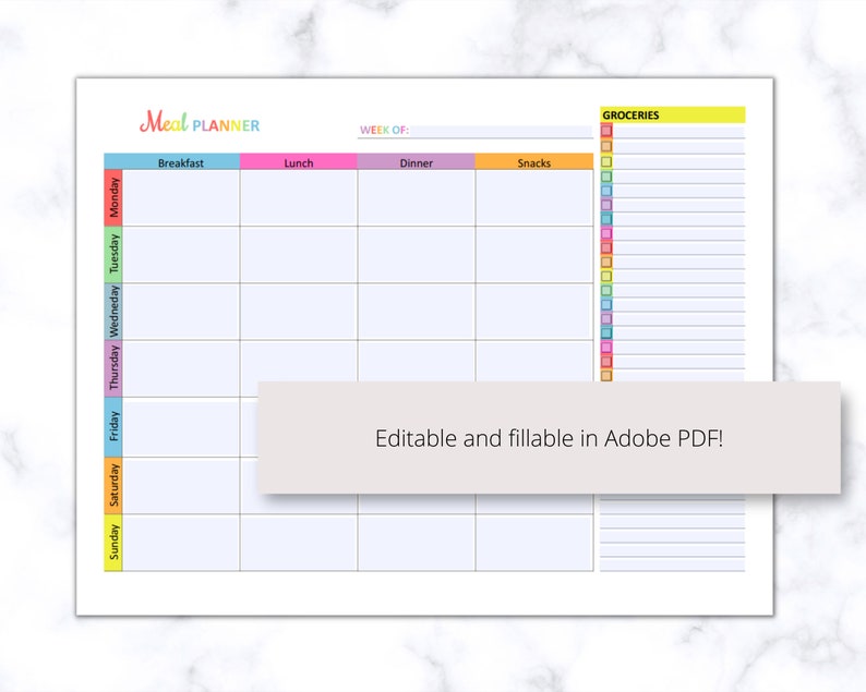 Multi-color Meal Planner Printable PDF, Weekly Meal Planner, Menu ...