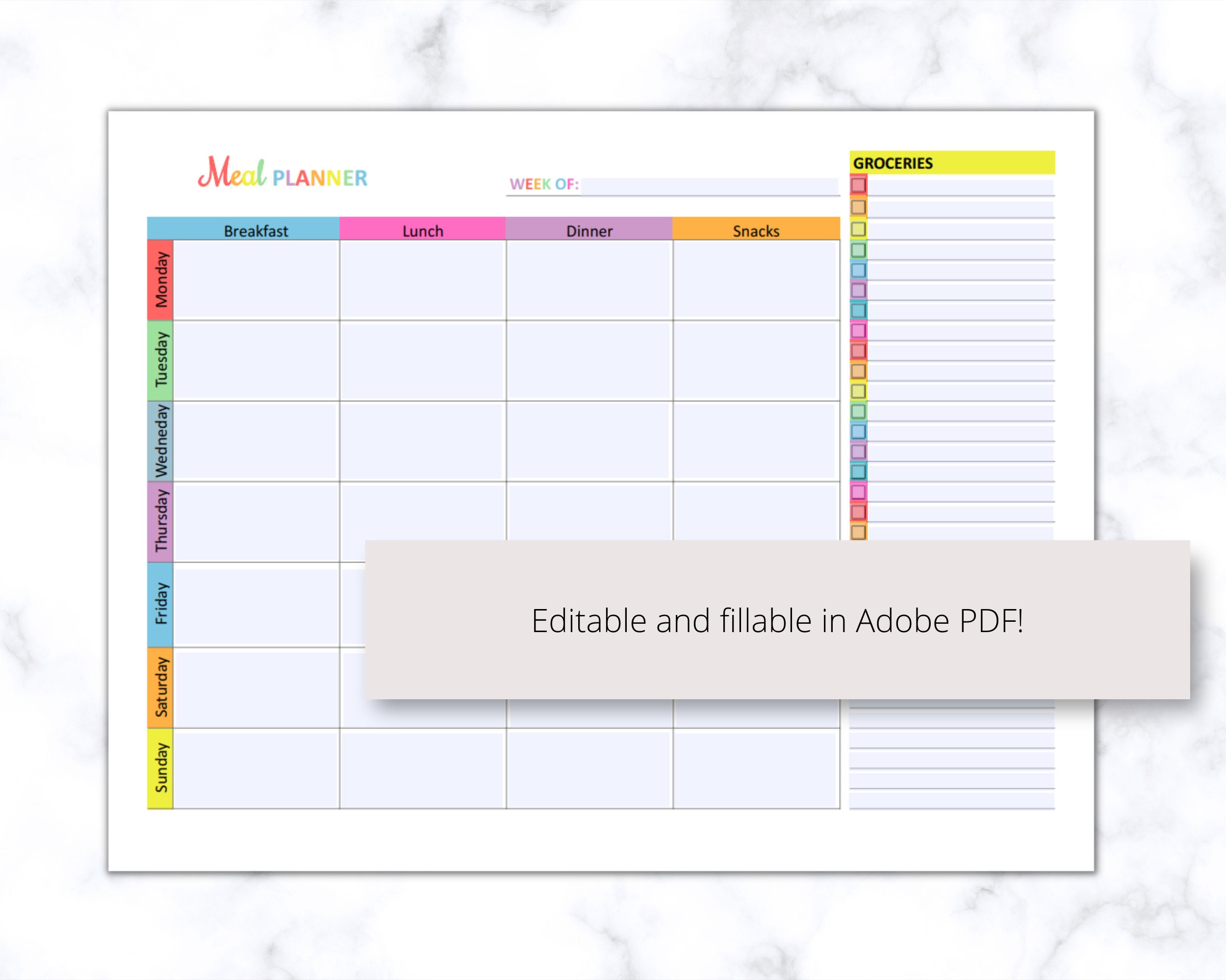 Multi-color Meal Planner Printable PDF, Weekly Meal Planner, Menu ...
