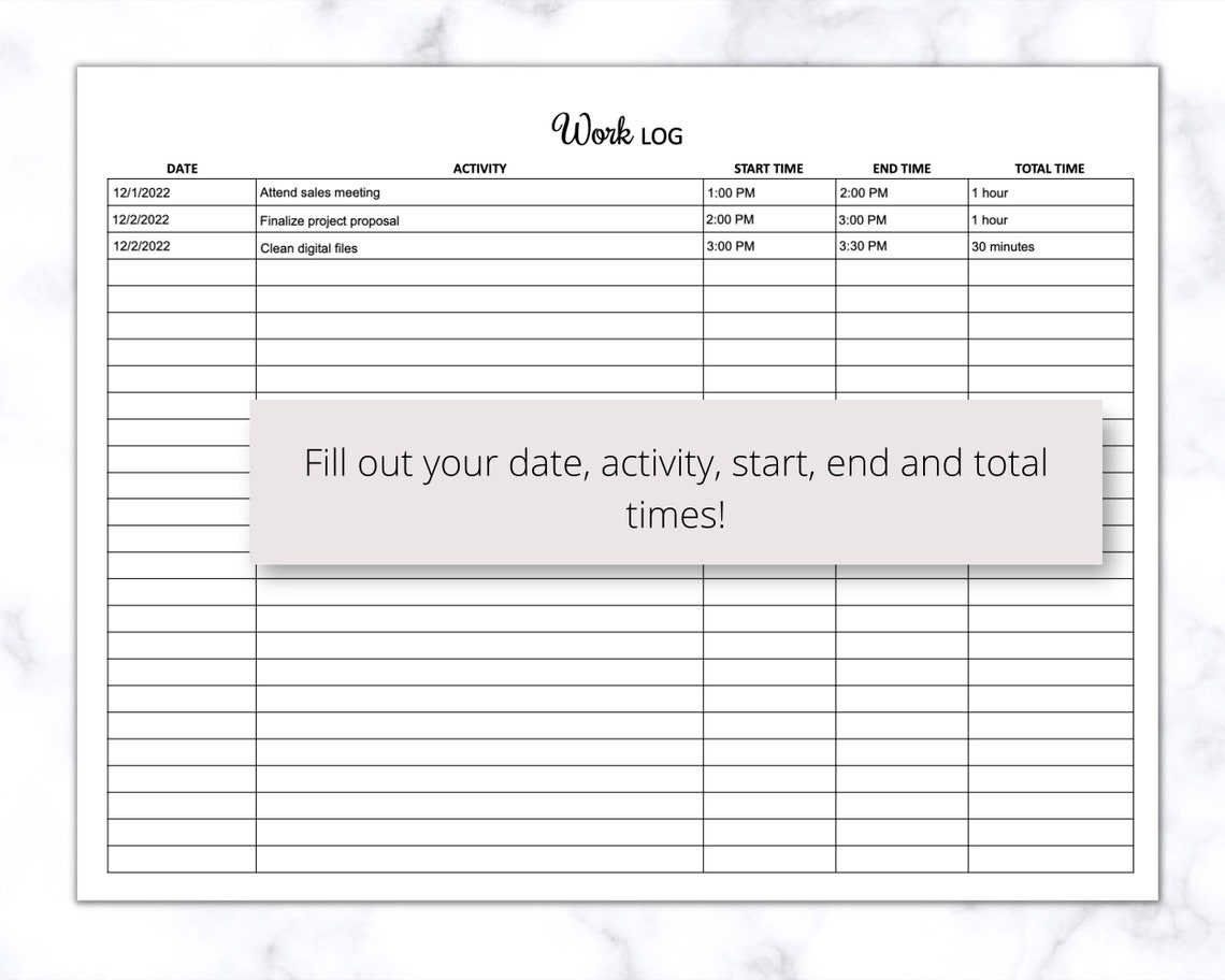 Work Log Landscape Printable PDF, Task Time Tracker, Time Log Printable ...