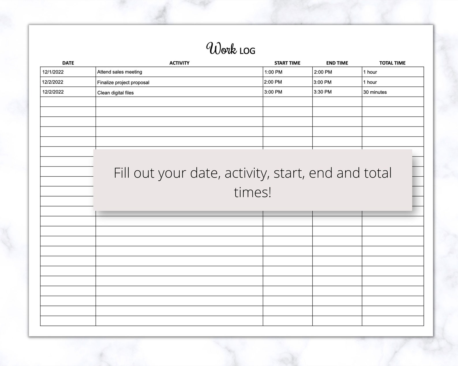 Work Log Landscape Printable PDF, Task Time Tracker, Time Log Printable ...