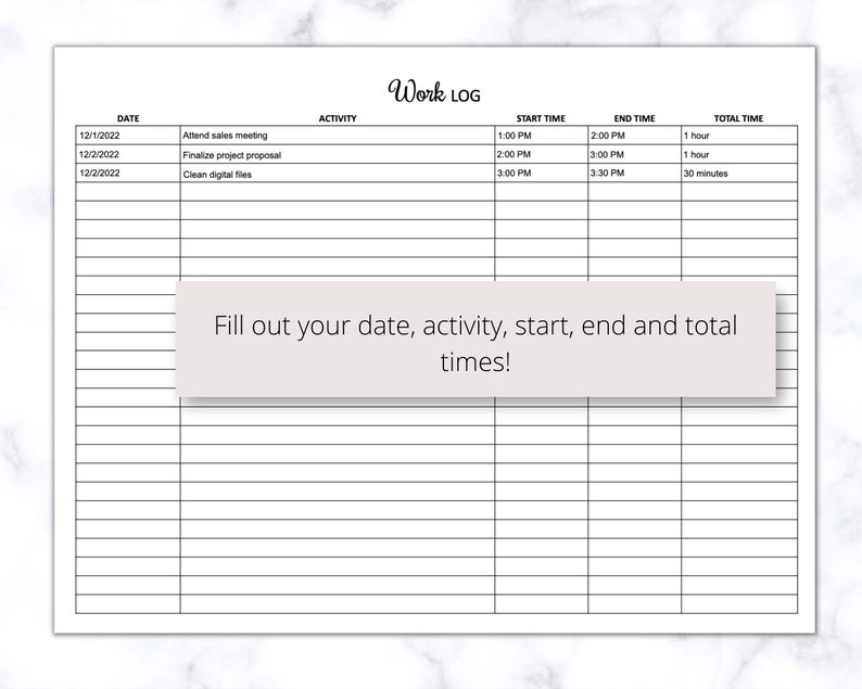 Work Log Landscape Printable PDF, Task Time Tracker, Time Log Printable ...