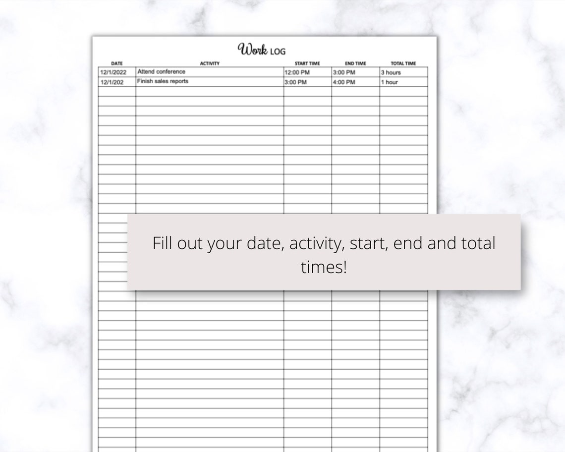 Work Log Printable PDF Portrait, Task Time Tracker, Time Log Printable ...