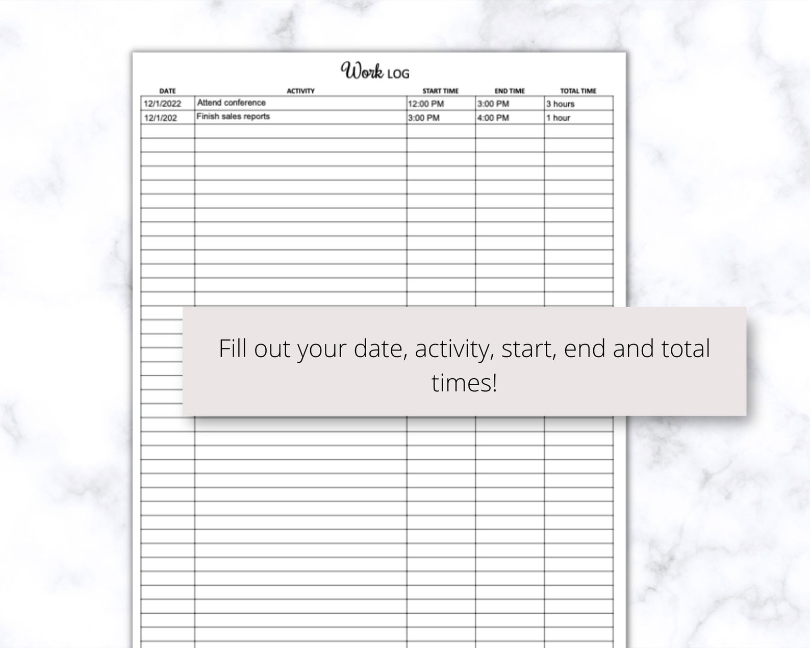 Work Log Printable PDF Portrait, Task Time Tracker, Time Log Printable ...