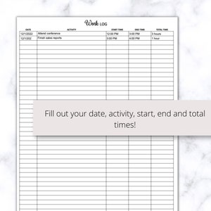 Work Log Printable PDF Portrait, Task Time Tracker, Time Log Printable ...