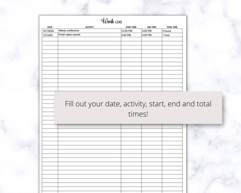 Work Log Printable PDF Portrait, Task Time Tracker, Time Log Printable ...