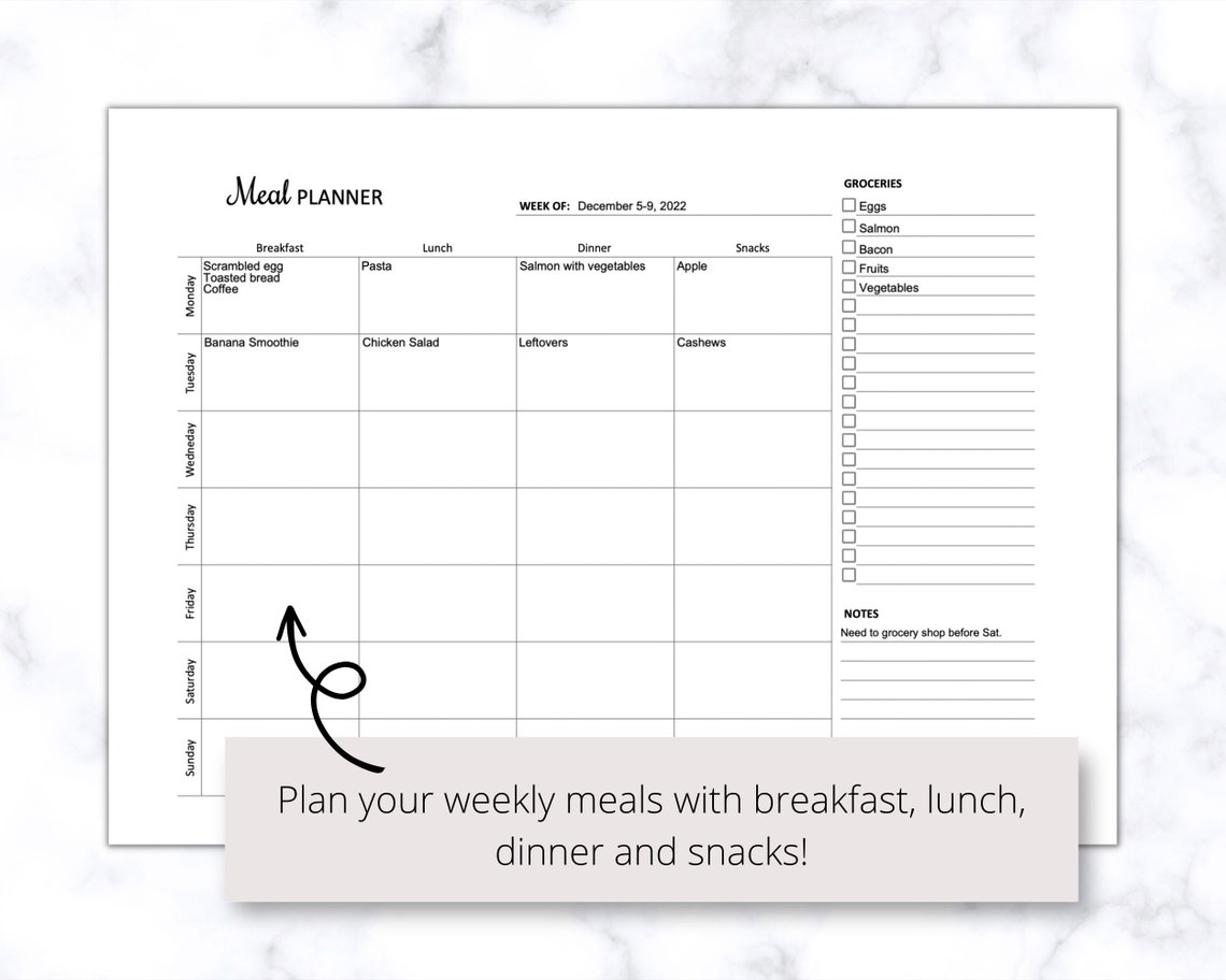 Meal Planner Printable PDF Weekly Meal Planner Menu Planner - Etsy