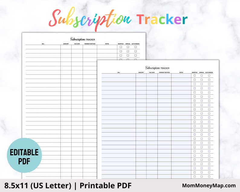 Subscription Tracker Printable PDF Track Your Monthly - Etsy