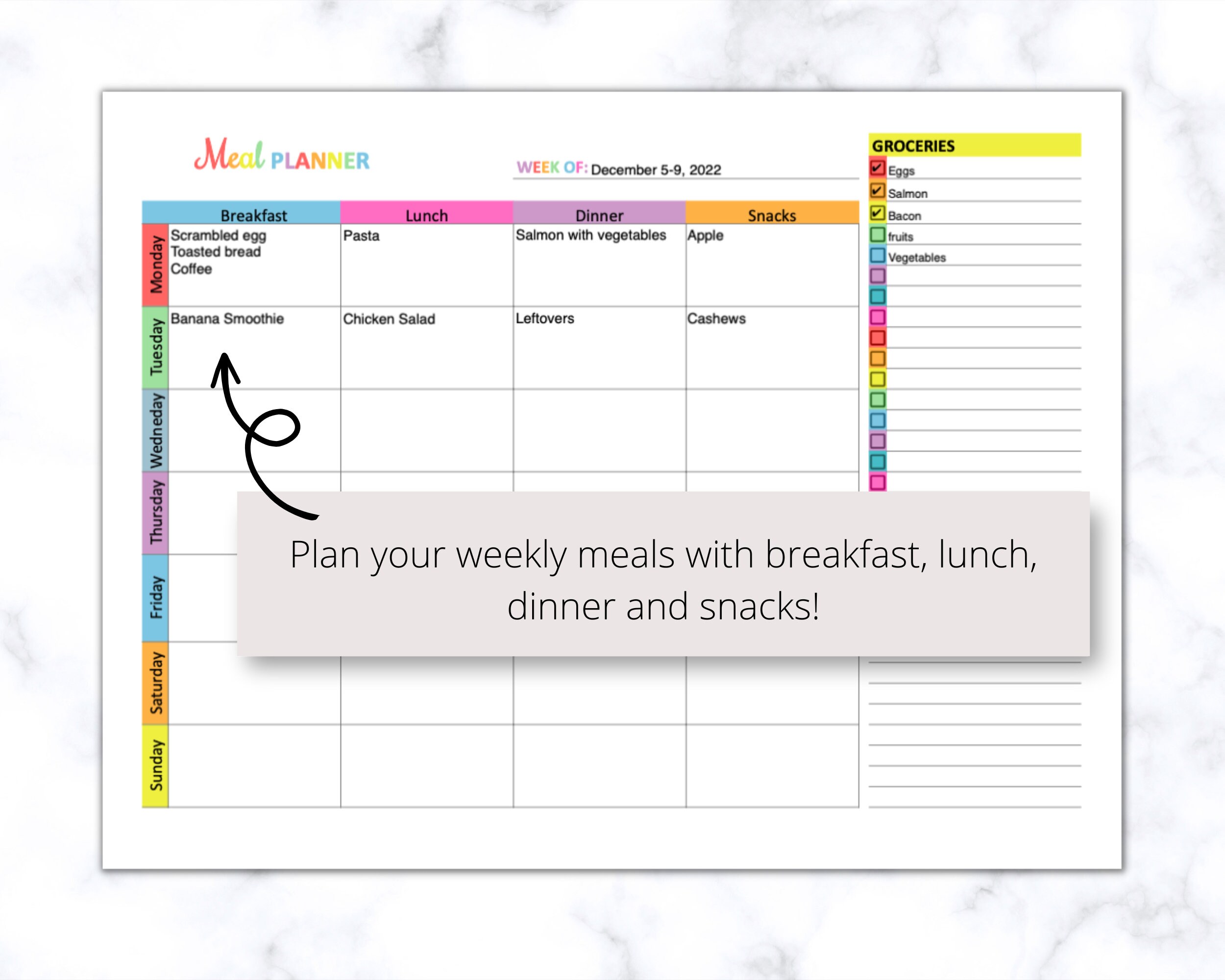 Multi-color Meal Planner Printable PDF, Weekly Meal Planner, Menu ...