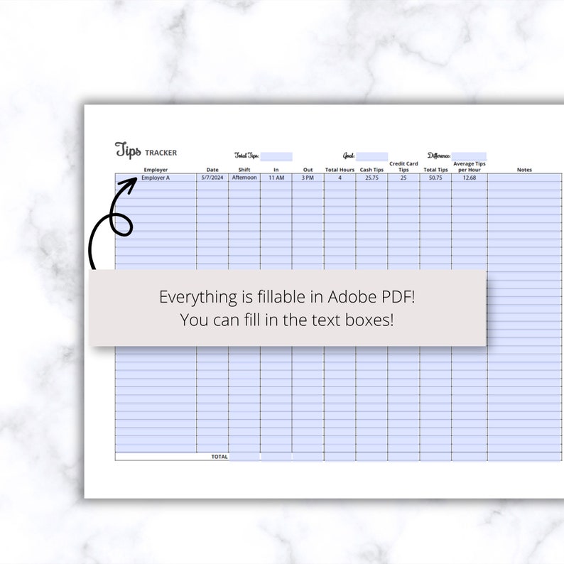Tips Tracker Printable PDF, Track Daily Tips for Taxes, Server Tips Tracker, Keep Track of Cash ...