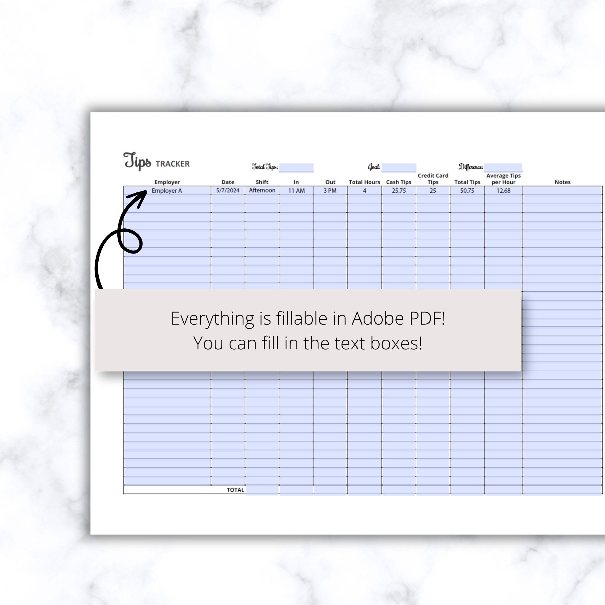 Tips Tracker Printable PDF, Track Daily Tips for Taxes, Server Tips ...
