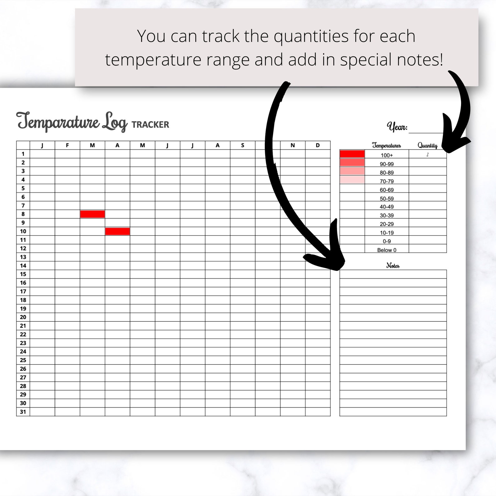 Temperature Log Printable PDF, Temperature Tracker Printable, Editable ...