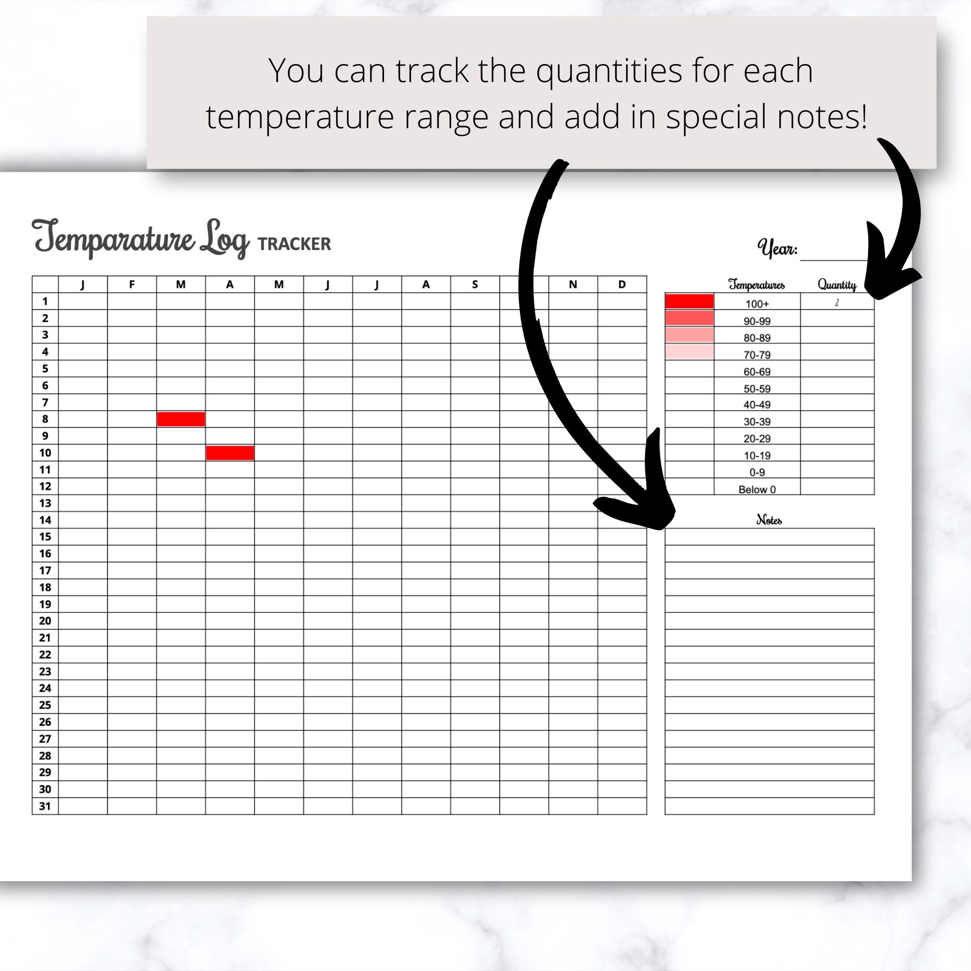 Temperature Log Printable PDF, Temperature Tracker Printable, Editable ...