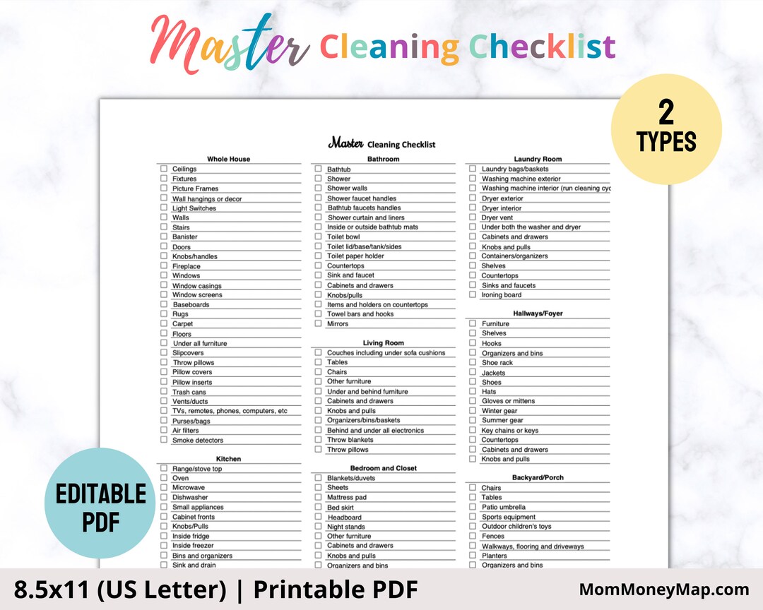 Master Cleaning List Printable PDF Cleaning Checklist for - Etsy
