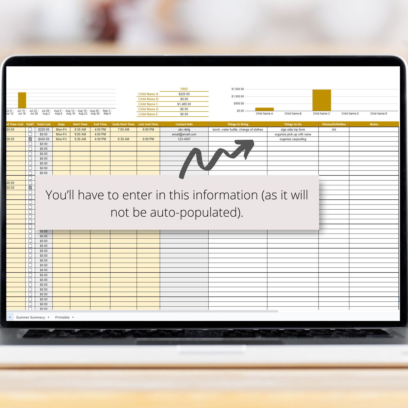 Summer Camp Planner Google Sheets Spreadsheet, Summer Camp Organizer ...