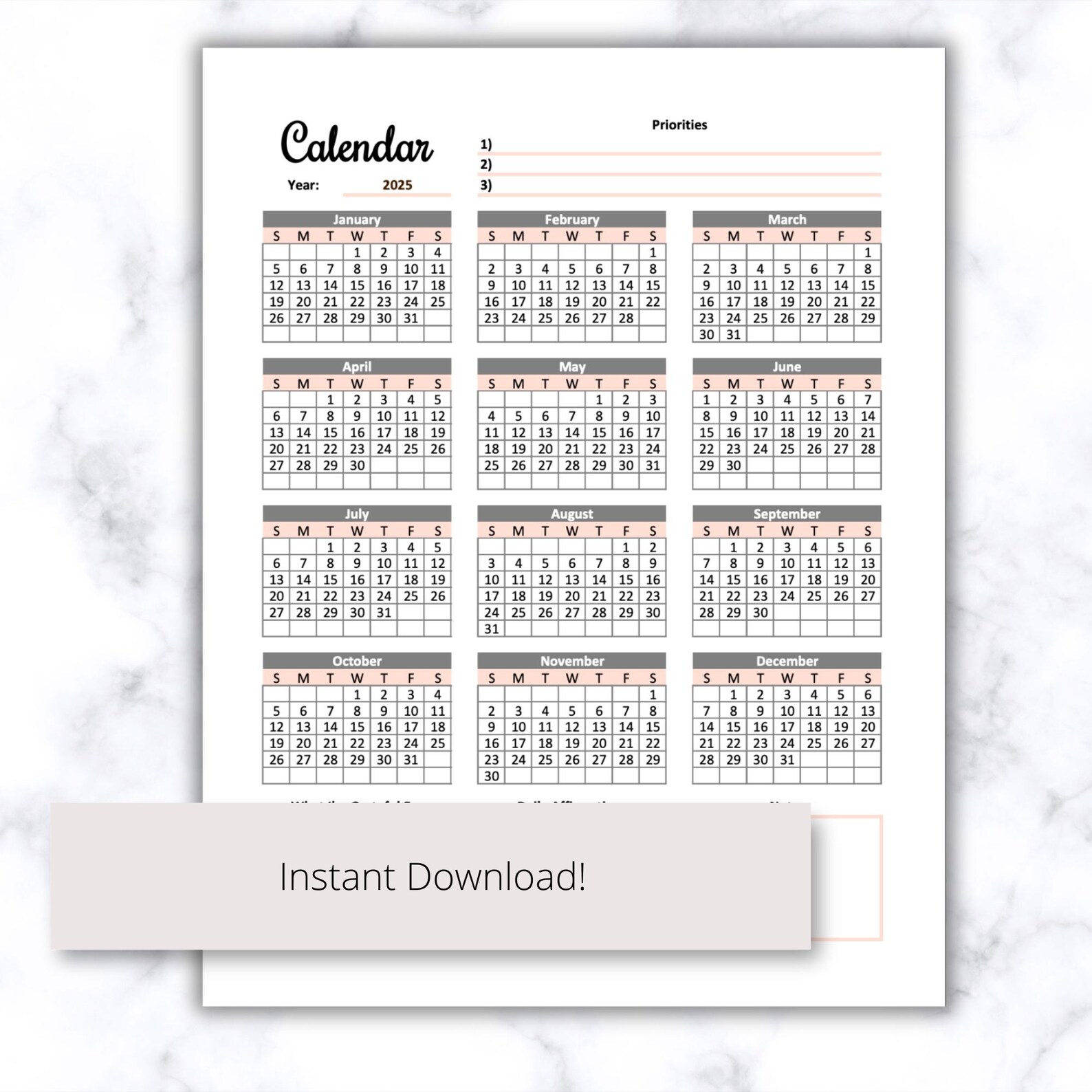 2025 Calendar Printable PDF in Color, Year at A Glance PDF, 2025 ...
