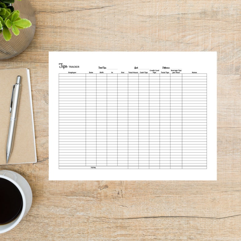 Tips Tracker Printable PDF, Track Daily Tips for Taxes, Server Tips Tracker, Keep Track of Cash ...