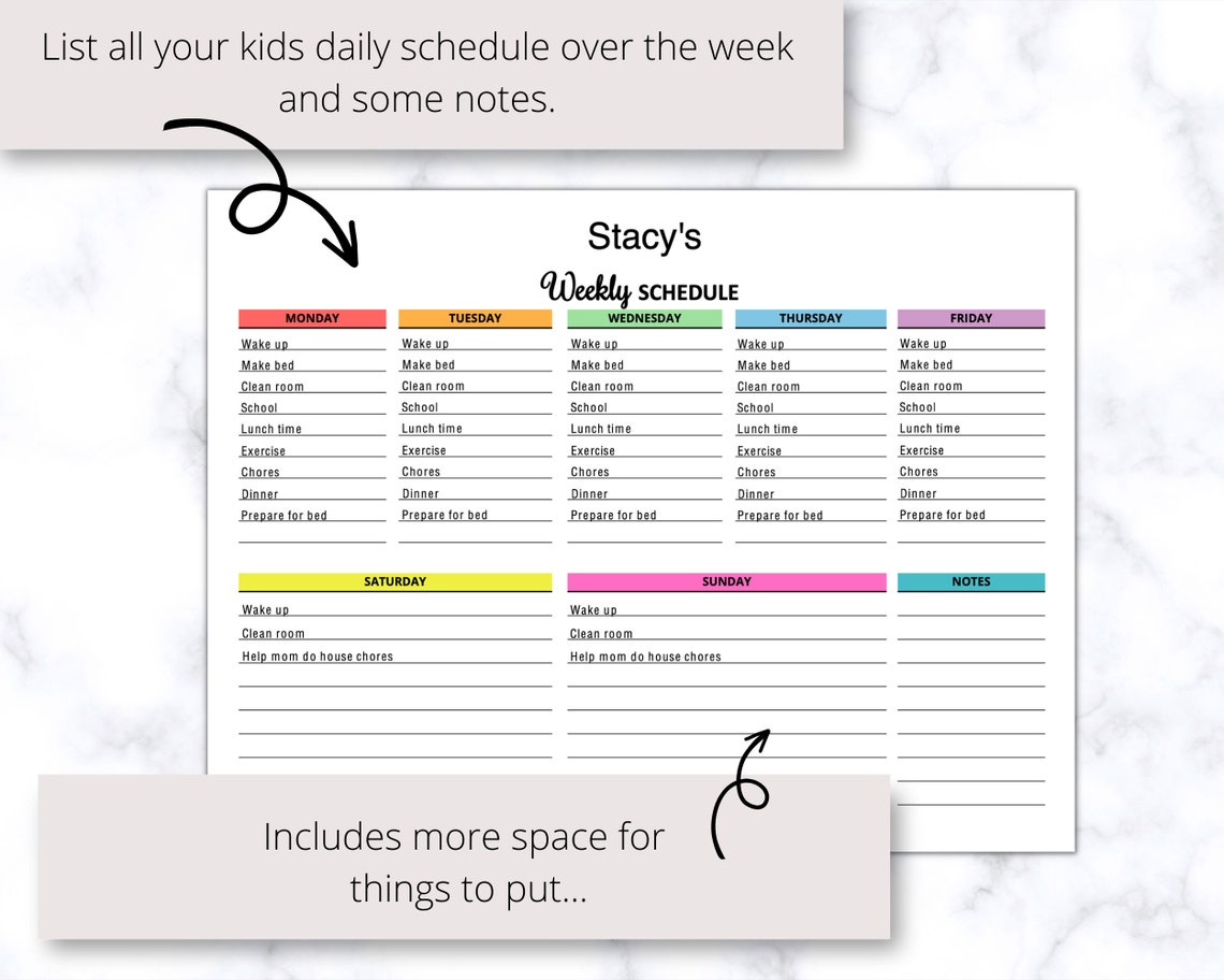 Kids Weekly Schedule Printable PDF, Kids Weekly Planner, Editable Kids ...